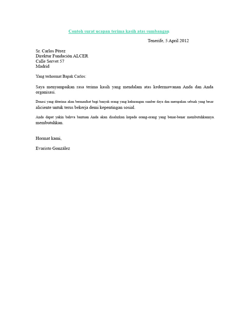 Contoh Surat Ucapan Terima Kasih Atas Donasi | PDF