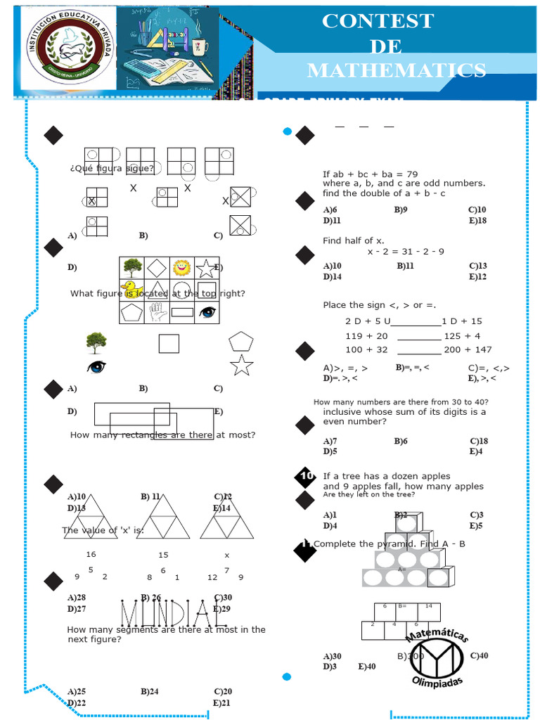 3rd to 6th Grade Math Exam Questions | PDF | Numbers | Mathematics