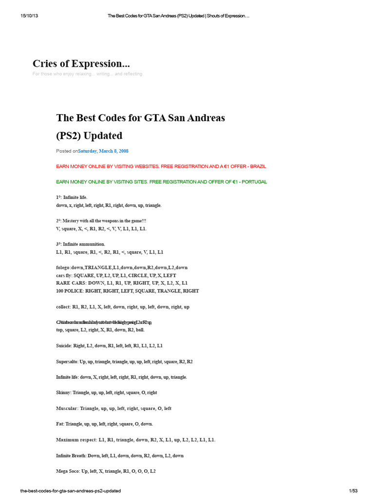 The Best Codes For GTA San Andreas (PS2) Updated - Shouts of Expression | PDF | Video Game ...