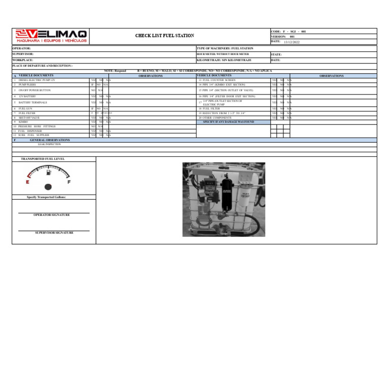 Format - Fuel System Check List | PDF | Filling Station | Hydraulics