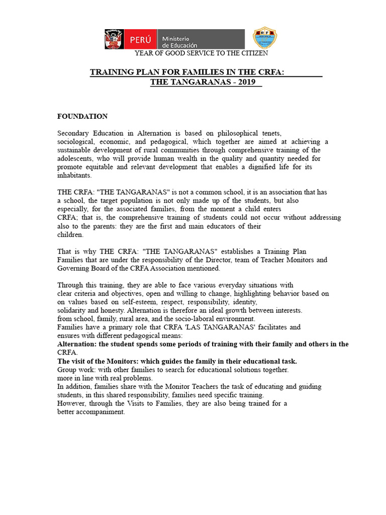 TRAINING PLAN FOR FAMILIES IN THE CRFA.docx | PDF | Pedagogy ...