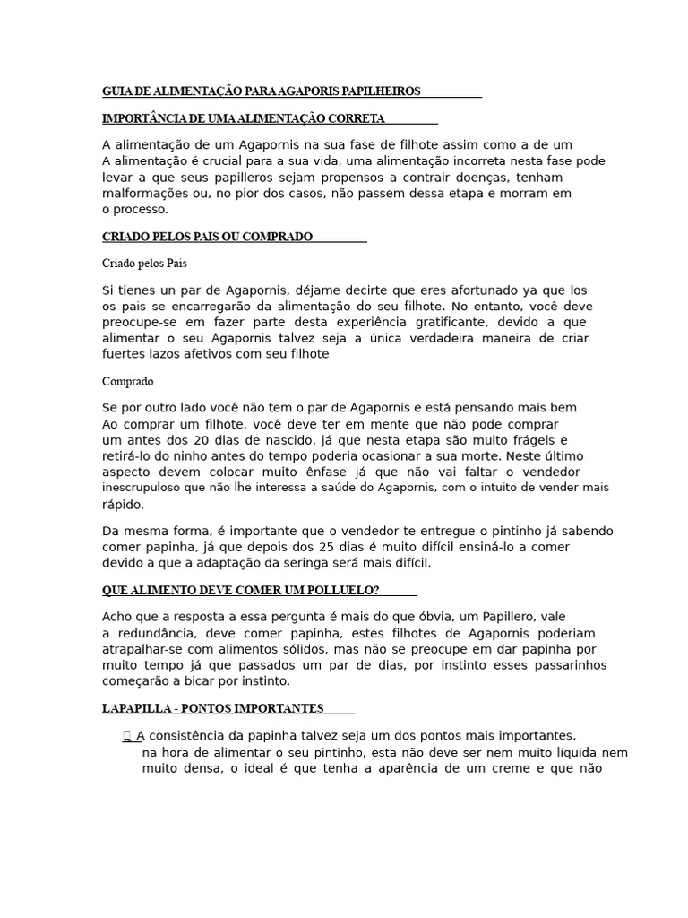 Guia de Alimentação Para Agapornis Papilleros | PDF