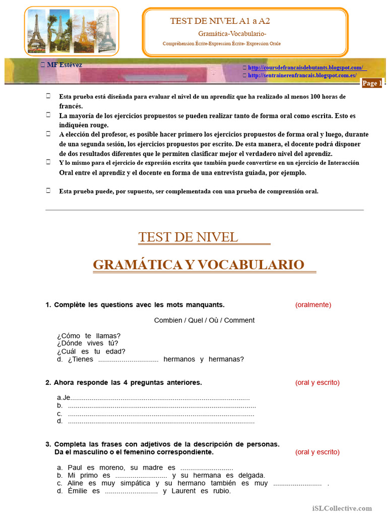 Prueba de Nivel A1 A A2 | PDF | Gramática | Idiomas