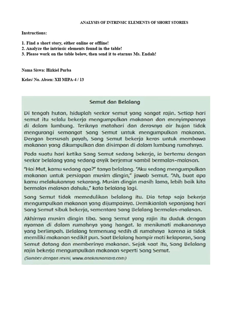 ANALYSIS OF INTRINSIC ELEMENTS OF SHORT STORIES | PDF