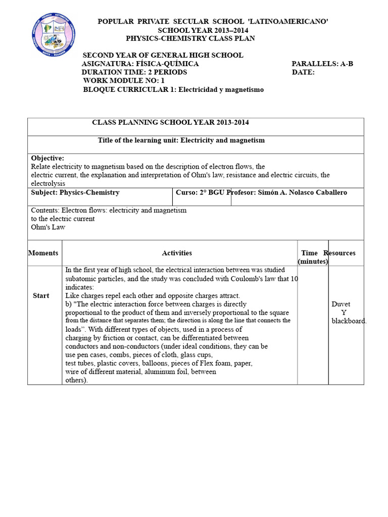%class Plan - Physics - Chemistry - 2 - Bgu | PDF | Electric Current ...