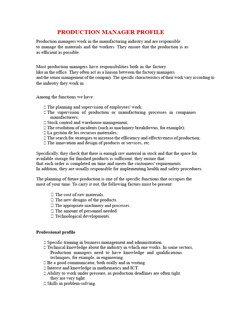 Profile of The Production Manager | PDF | Skill | Economics