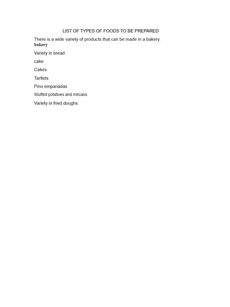 List of Types of Foods That Will Be Prepared | PDF | Cakes | Waste