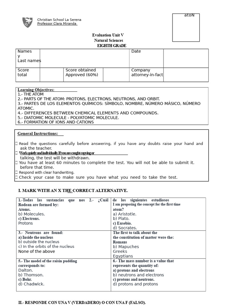 Science Test 8th GRADE CHEMISTRY | PDF | Atoms | Proton