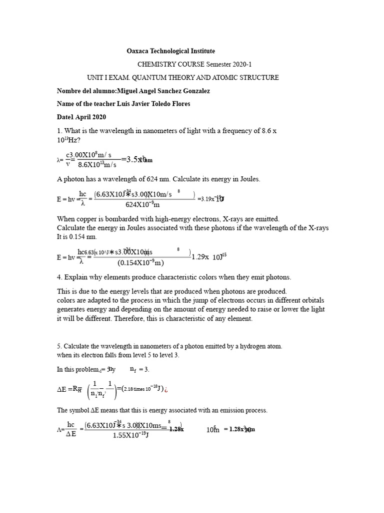 Unit I Exam. Quantum Theory and Atomic Structure | PDF | Atomic Orbital ...