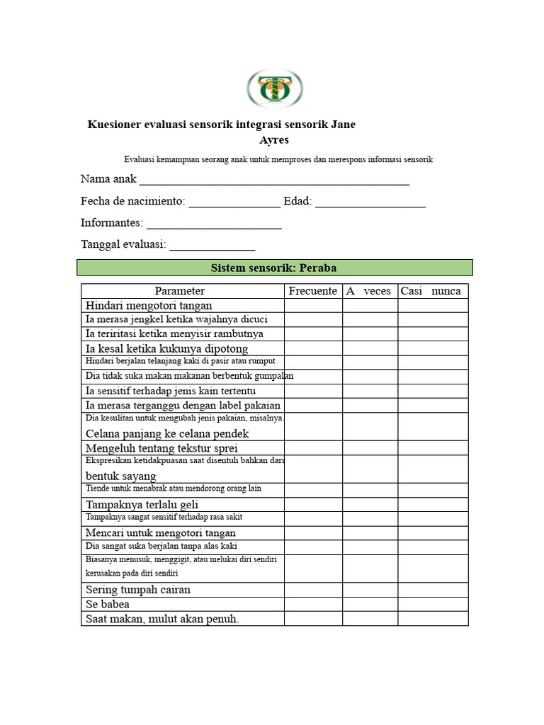 Kuesioner Evaluasi Sensorik Integrasi Sensorik Jane Ayres | PDF