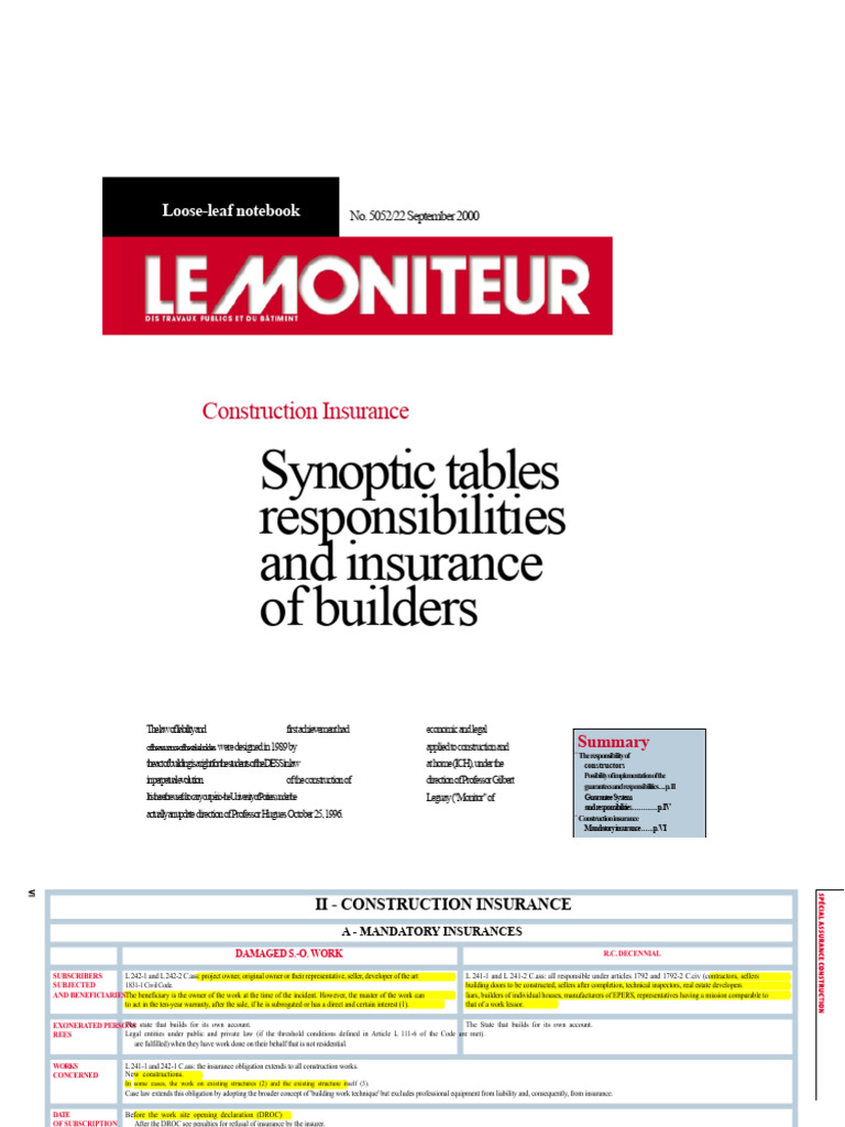 Synoptic Table of Construction Insurance | PDF | Insurance | Damages
