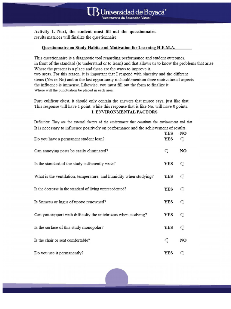 Test 1. Questionnaire on Habits and Motivation to Learn H.E.M.A | PDF ...