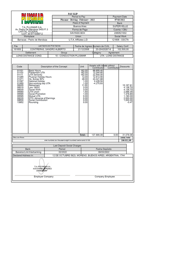 Pay Slip 07/03/2022 Plusmar - Driving - February - 2022: Last Name and ...