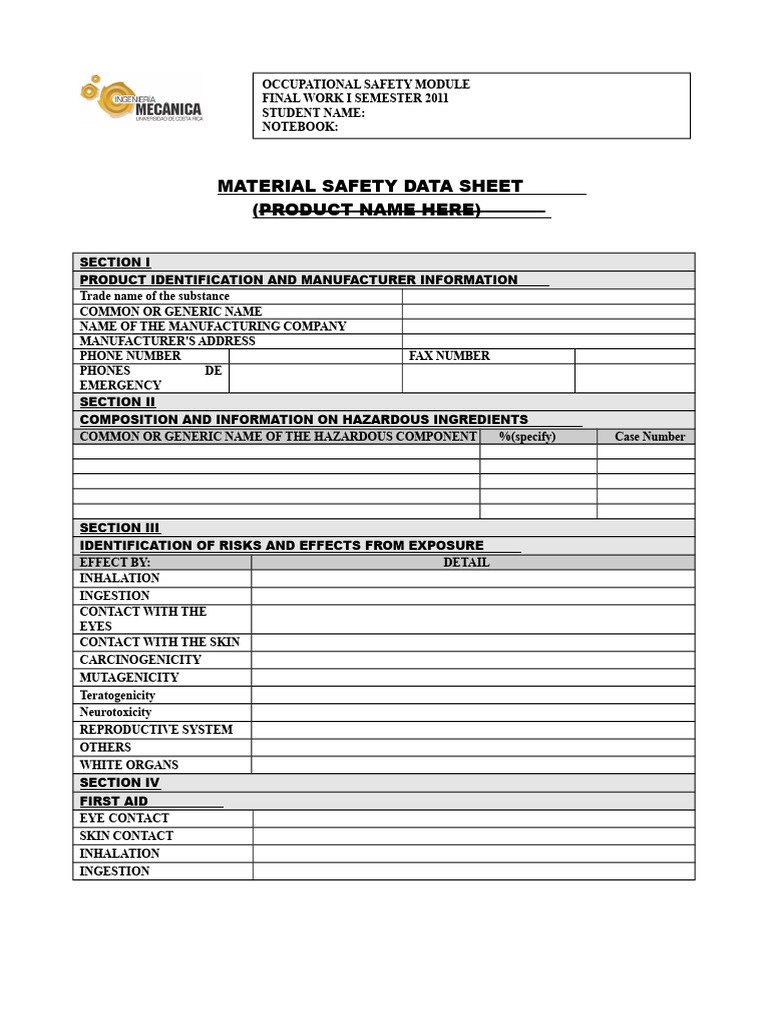 Safety Data Sheet Form Chemicals | PDF | Safety | Toxicology