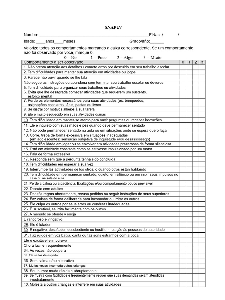SNAP IV[1] | PDF | Transtorno de déficit de atenção e hiperatividade ...