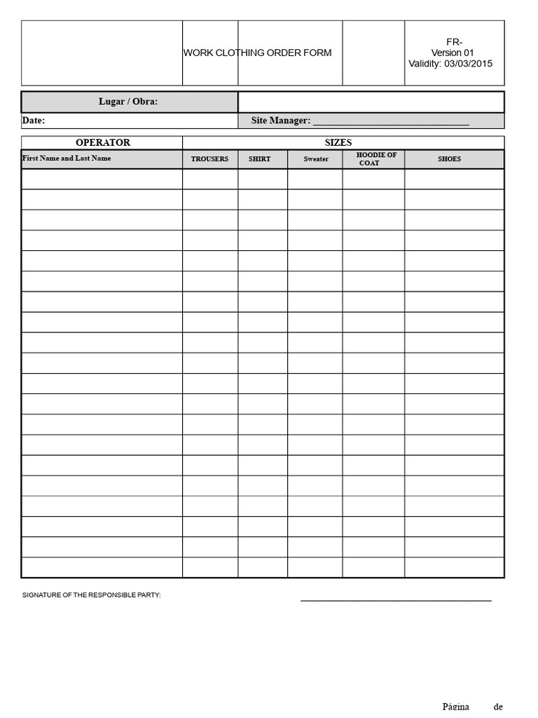 FR - V01 Clothing Order Form | PDF