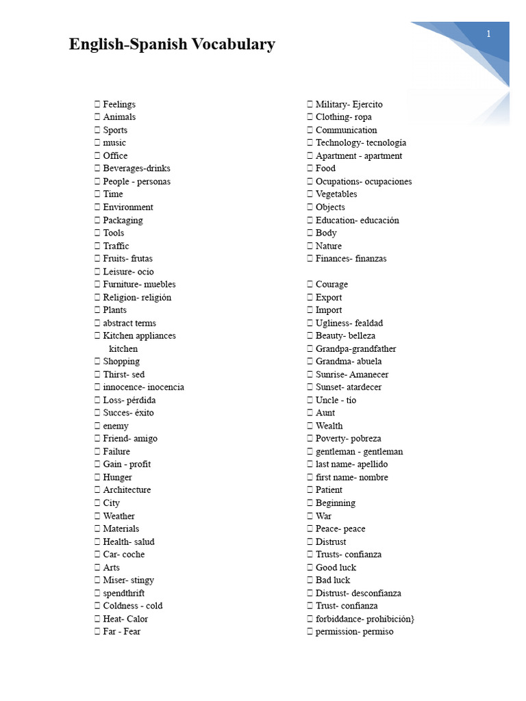English-Spanish Vocabulary | PDF