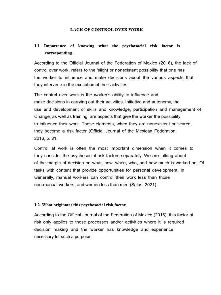 Lack of Control Over Work | PDF | Risk | Psychosocial