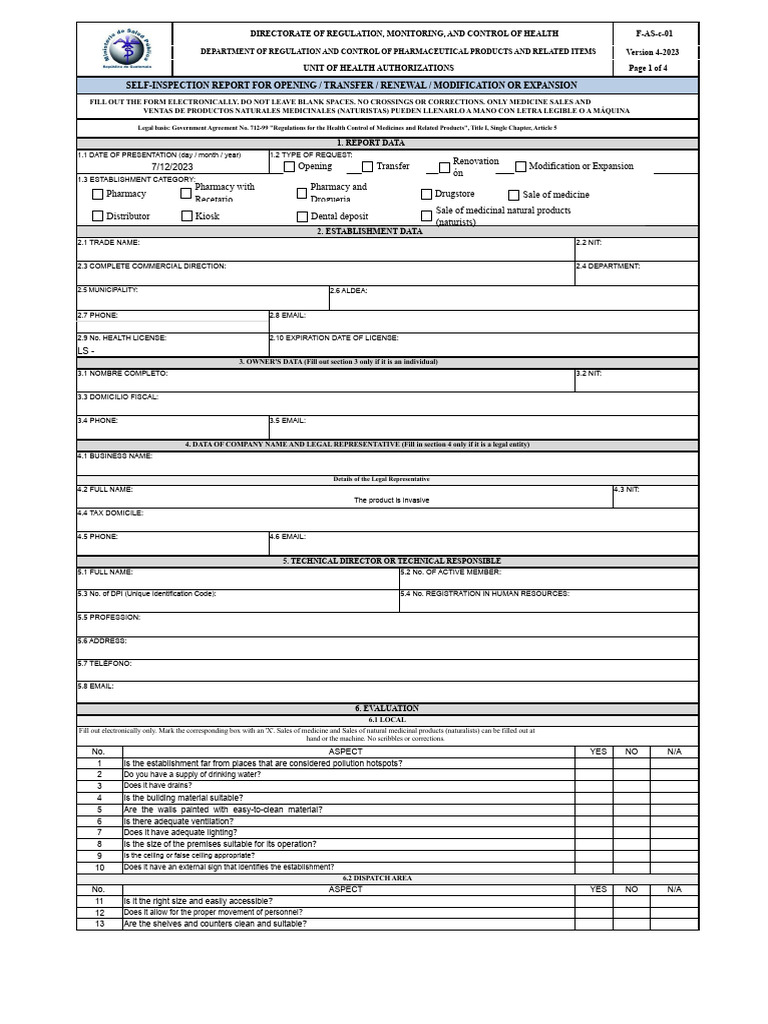 F-AS-c-01 Version 04-2023 Pharmaceutical Establishments Self-Inspection Report | PDF | Pharmacy