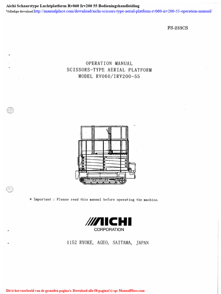 Aichi Schaarstype Luchtplatform Rv060 Irv200 55 Bedieningshandleiding | PDF