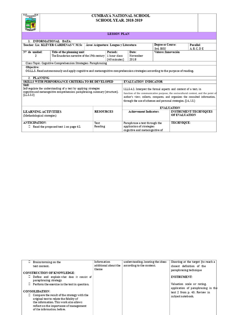 Lesson Plan 2 | PDF | Reading Comprehension | Metacognition