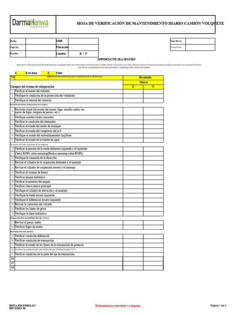 Dewa-Pm-Form-325. Hoja de Verificación Diaria de Mantenimiento Camión ...
