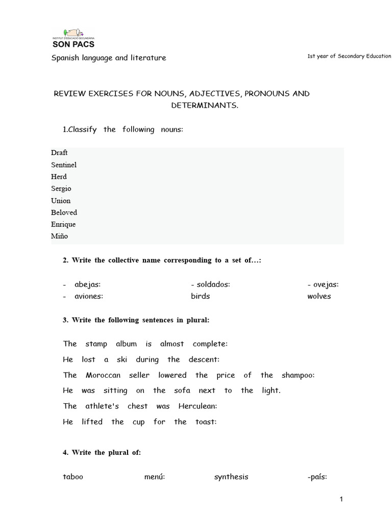 Review Exercises On Nouns, Adjectives, Pronouns, and Determiners | PDF ...
