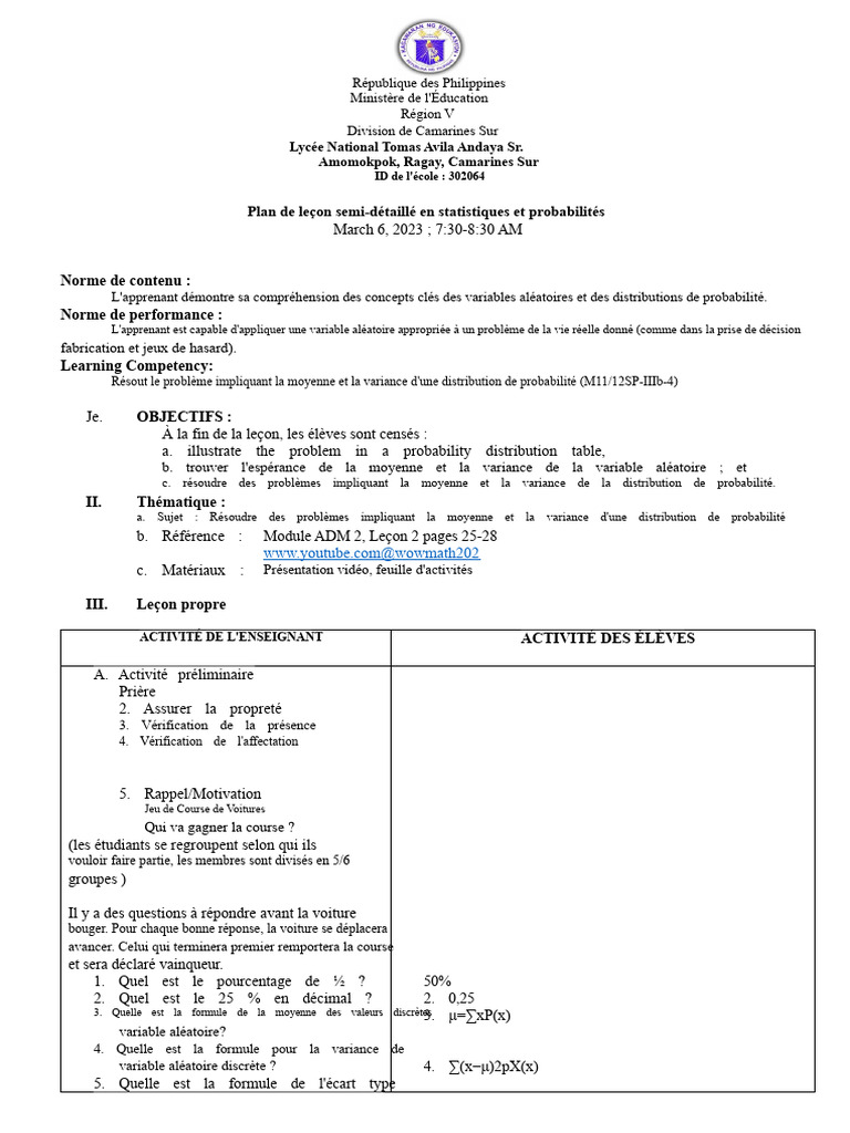 Plan de Leçon en SP (CO) | PDF | Variance (mathématiques) | Loi de ...