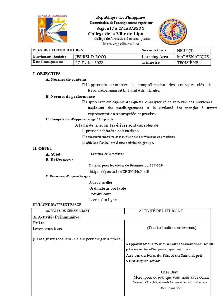 Plan de leçon : Théorème de la médiane | PDF | Mathématiques | Triangle