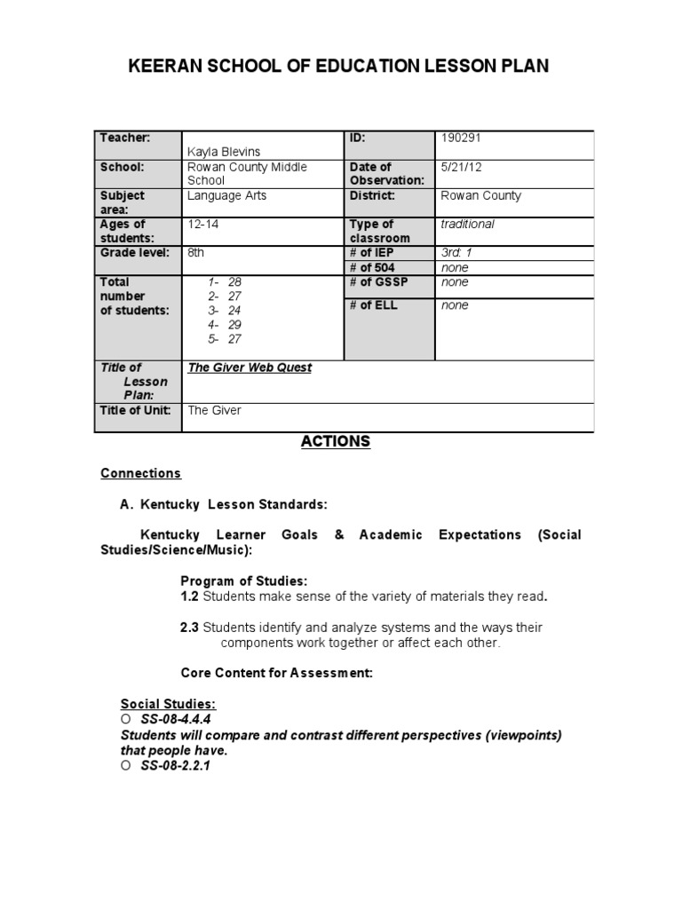 Lesson Plan The Giver | PDF | The Giver | Lesson Plan