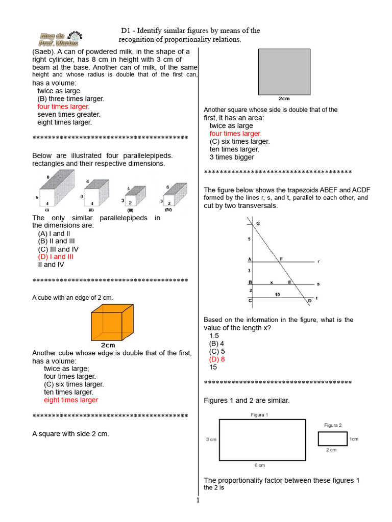 D1 – Identify Similar Figures | PDF | Area | Geometry