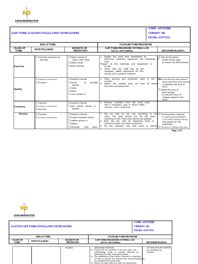 Safe Work Procedure for Retainer Installation | PDF | Safety ...