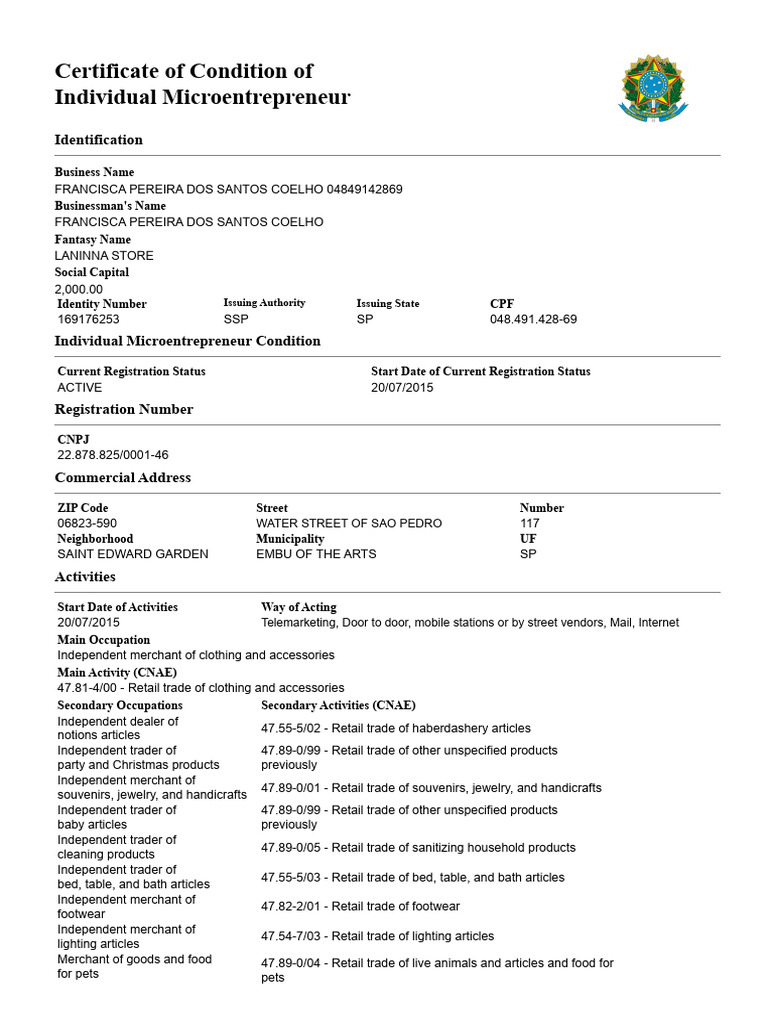 Certificate of Individual Microentrepreneur | PDF