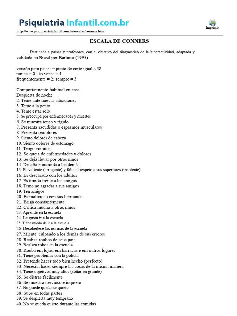 Escala de Conners para Diagnóstico de Hiperactividad | PDF | Desorden ...