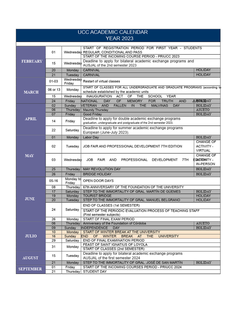 UCC 2023 Academic Calendar Overview | PDF | Academic Term | Holidays