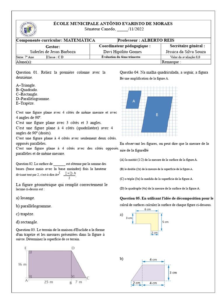 Évaluation de Mathématiques 7ème Année | PDF | Zone | Géométrie euclidienne