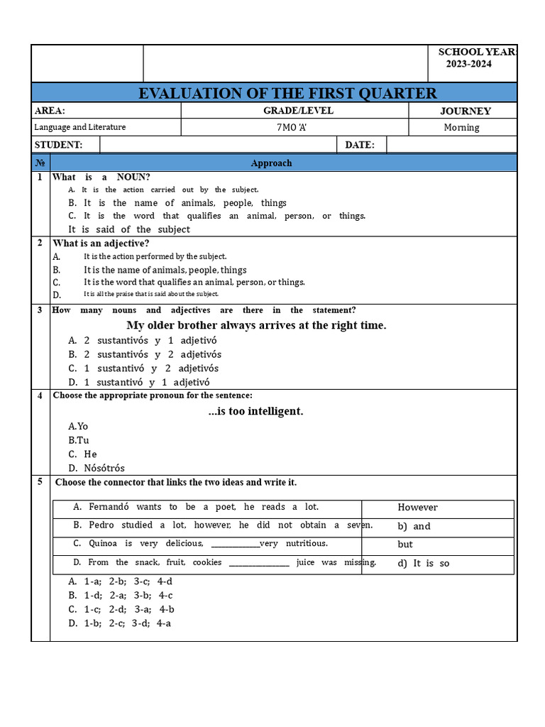 Seventh Grade Evaluations 2023-2024 | PDF | Senses | Subtraction
