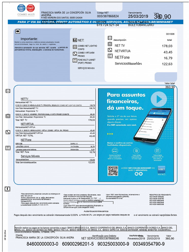 Factura NET Servicios Febrero 2019 | PDF | Bancos | Bancario