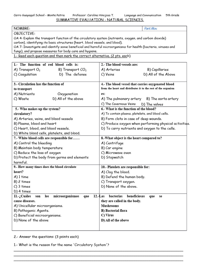 Summative Evaluation Unit 2 Natural Sciences 5TH Grade | PDF ...