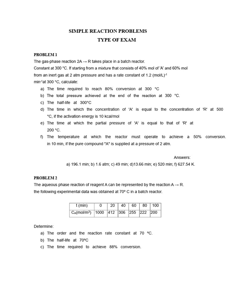 Problem Set 2. SIMPLE REACTIONS - EXAM TYPE | PDF | Chemical Reactor ...