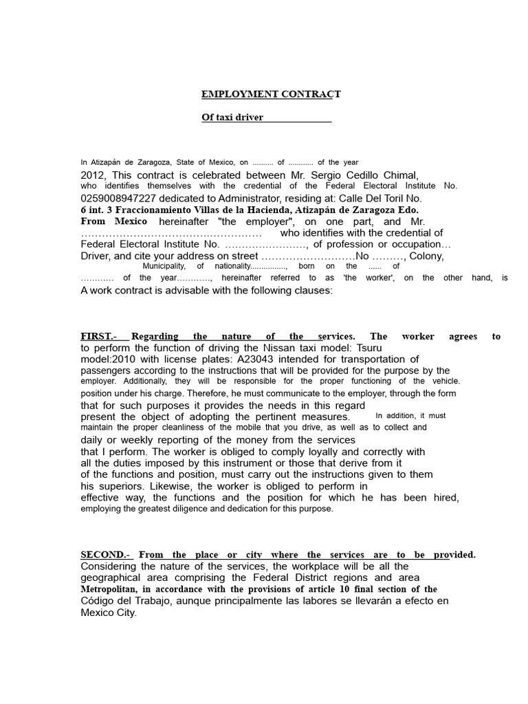 Taxi Driver Employment Contract Template | PDF | Employment | Traffic