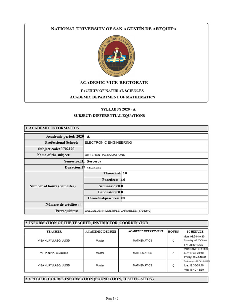 Differential Equations Syllabus 2020-A | PDF | Ordinary Differential ...