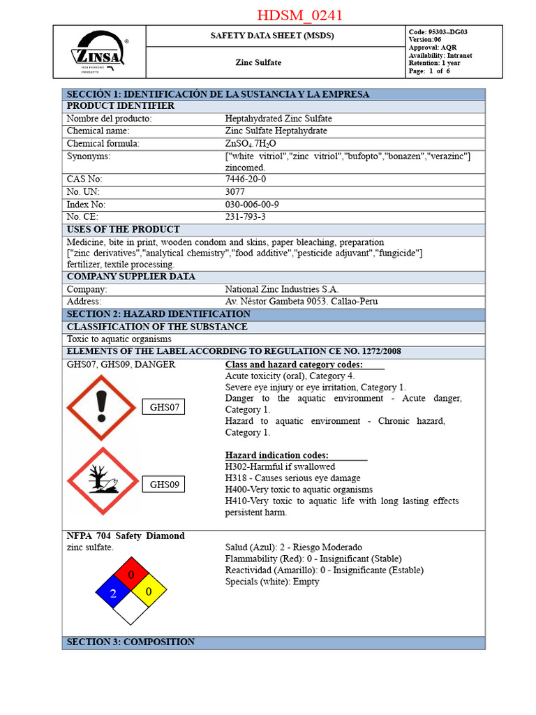 Safety Data Sheet For Zinc Sulfate Heptahydrate | PDF | Toxicity ...