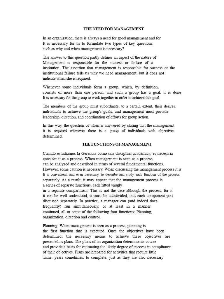 The Need For Management | PDF | Leadership | Cognition
