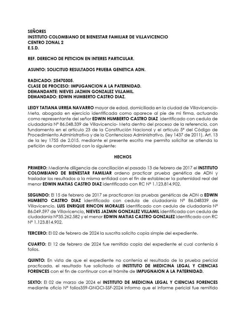 Solicitud Resultados Prueba ADN Paternidad | PDF