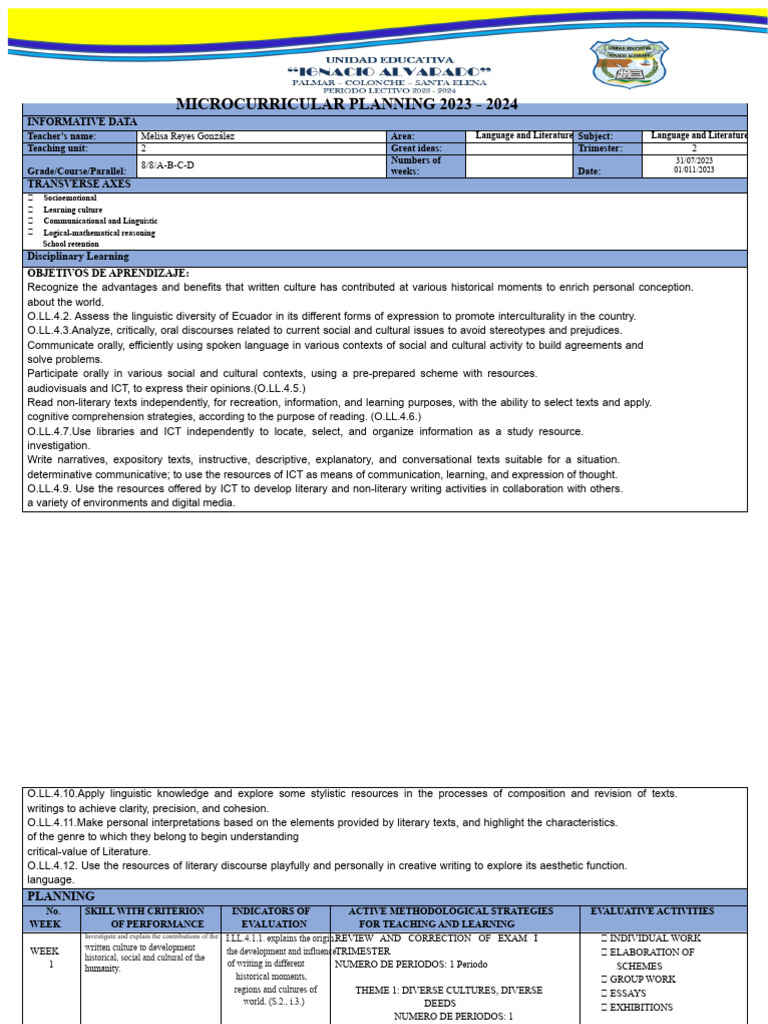 Microcurricular Planning 2023-2024 | PDF | Writing | Narrative