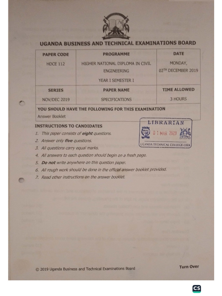 Higher Diploma Specifications Past Papers | PDF