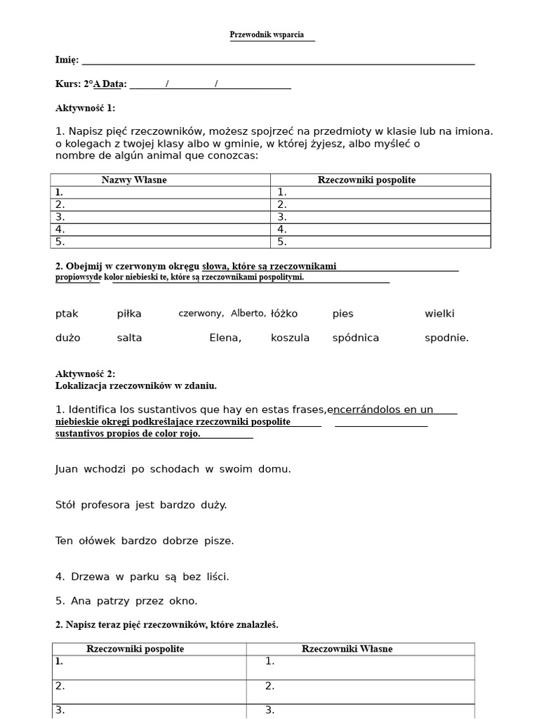 Ćwiczenia na temat rzeczowników | PDF