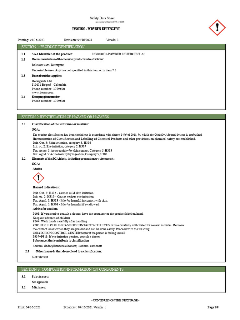 Powder Detergent Safety Data Sheet | PDF | Toxicity | Chemical Substances