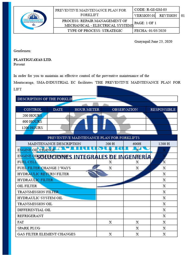 Forklift Preventive Maintenance Plan | PDF | Forklift | Oil